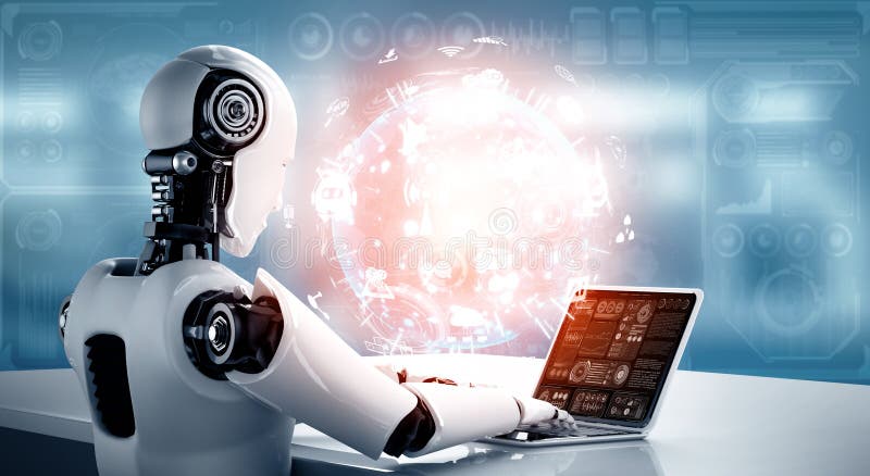 MLP Robot Humanoid Use Laptop and Sit at Table for Global Network ...