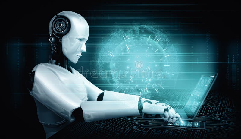 MLP Robot Humanoid Use Laptop and Sit at Table for Global Network ...