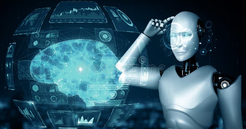 MLP Thinking AI Hominoid Robot Analyzing Hologram Screen Showing ...