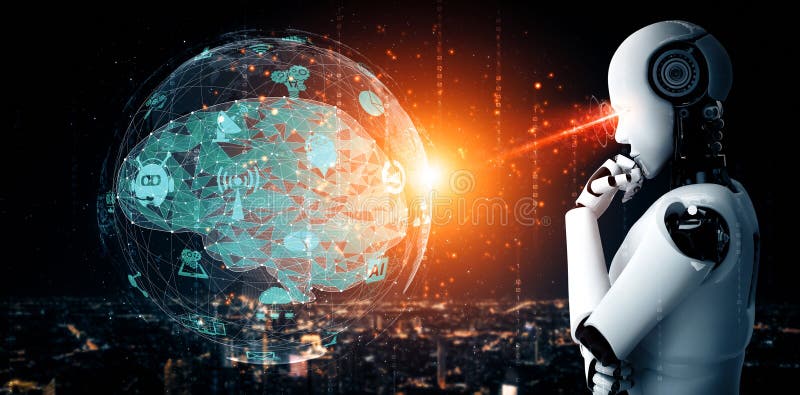 MLP Thinking AI Humanoid Robot Analyzing Hologram Screen Shows Concept ...