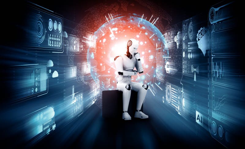 MLP Thinking AI Humanoid Robot Analyzing Hologram Screen Shows Concept ...