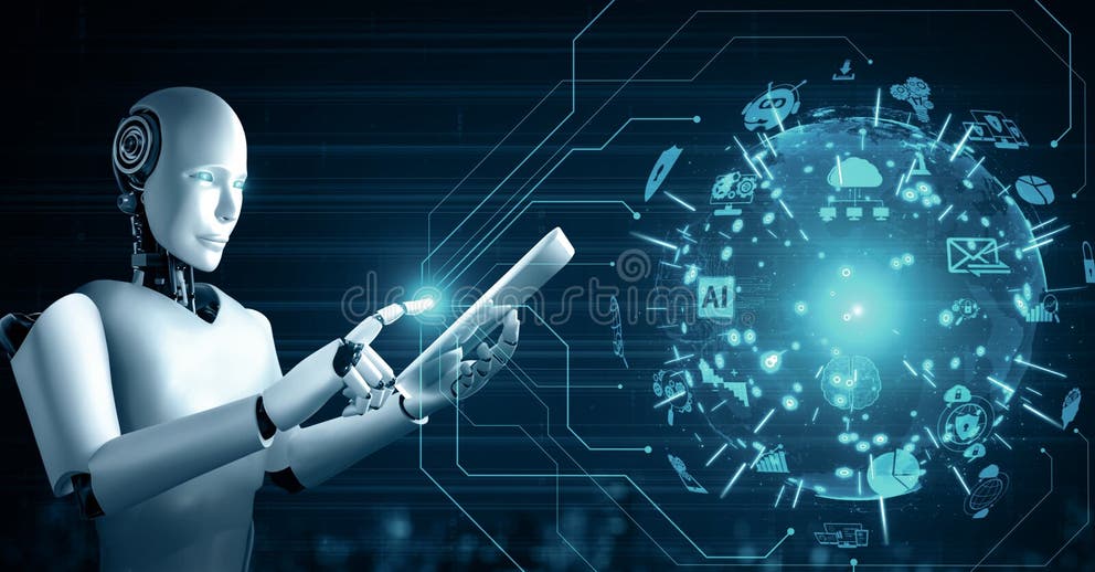 MLP Robot Hominoid Using Tablet Computer for Global Network Connection Stock Illustration ...