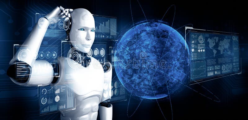 MLP Thinking AI Humanoid Robot Analyzing Hologram Screen Shows Concept ...