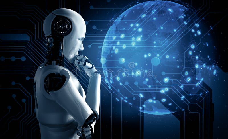 MLP Thinking AI Humanoid Robot Analyzing Hologram Screen Shows Concept ...