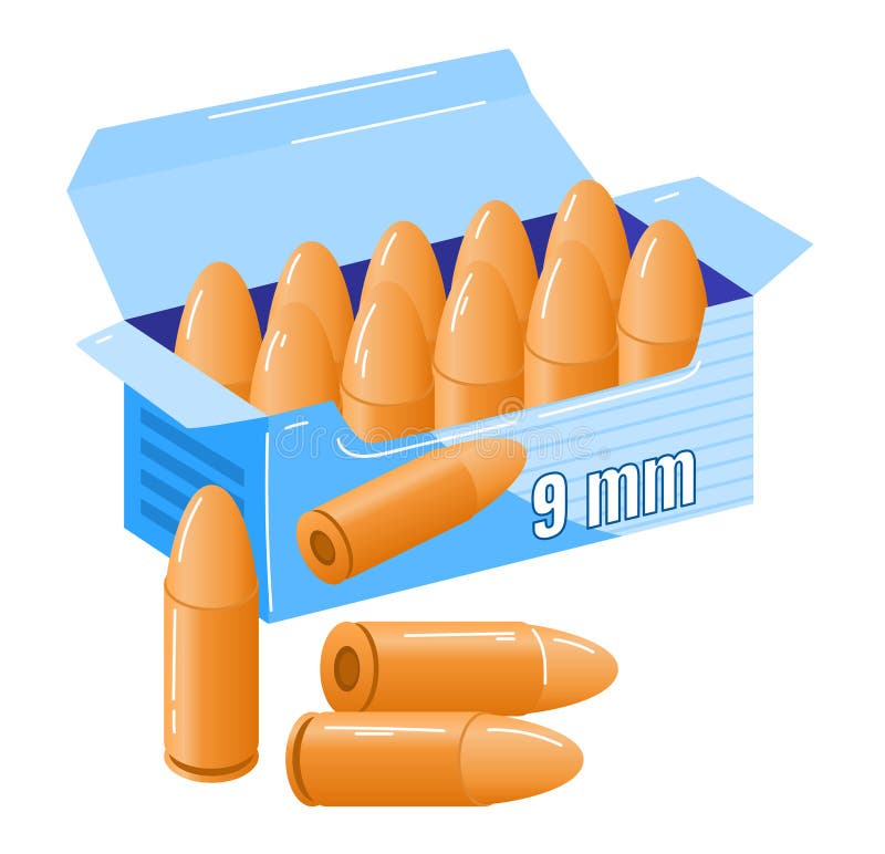 9mm Bullets in a Blue Box. Open Ammunition Package with Orange Bullets ...