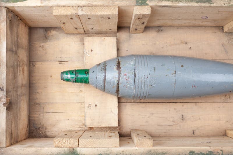120mm Mortar Shell in Army Green Crate Stock Image - Image of metal ...
