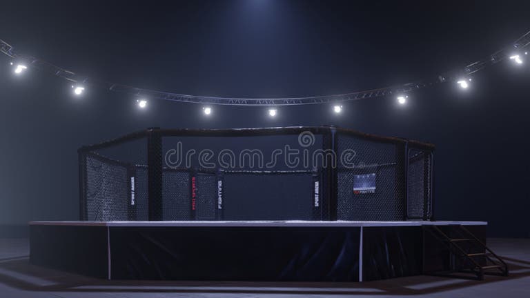 Mma Arena. Empty Fight Cage Under Lights. 3D Rendering Stock ...