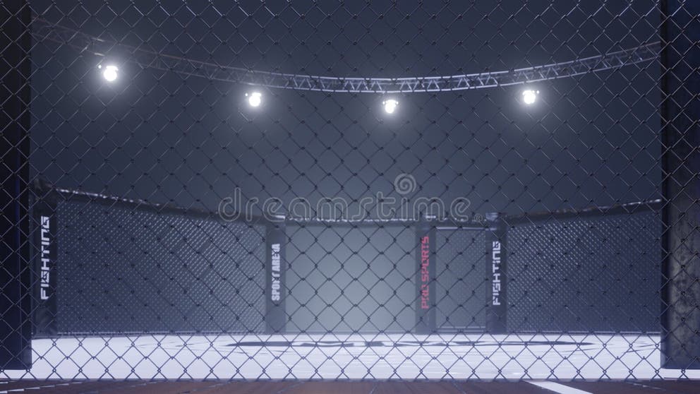 Mma Arena Side View. Empty Fight Cage Under Lights. 3D Rendering Stock ...