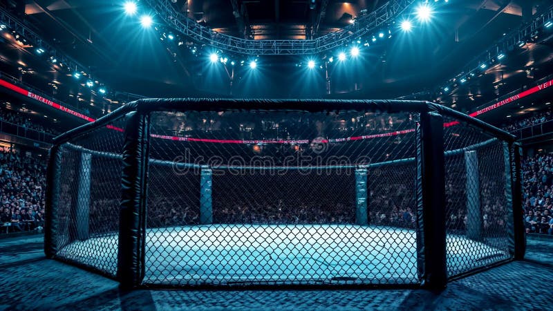 An MMA Cage with a Crowd Watching in a Packed Arena. the Ring is Empty ...