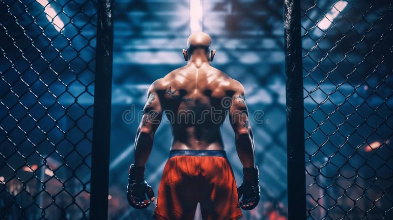 MMA Fighter in the Cage Back View. Generative AI. Stock Illustration ...