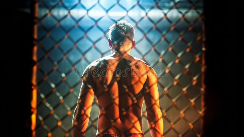 MMA Fighter in the Cage Back View. Generative AI. Stock Illustration ...
