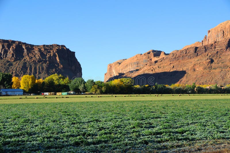 Moab Desert Farm at Sunrise Stock Photo - Image of mesa, agriculture ...