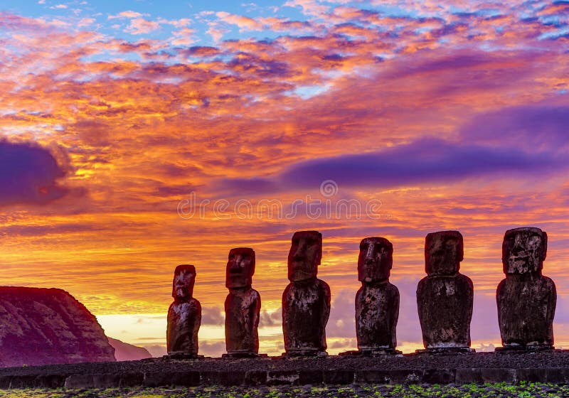 Moai on Easter Island at Ahu Tongariki at Sunrise Stock Image - Image ...