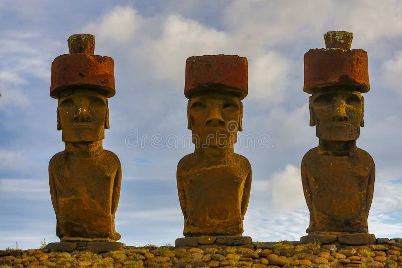 Moai on Easter Island with Red Topknot Hats at Anakena Ahu Stock Image ...