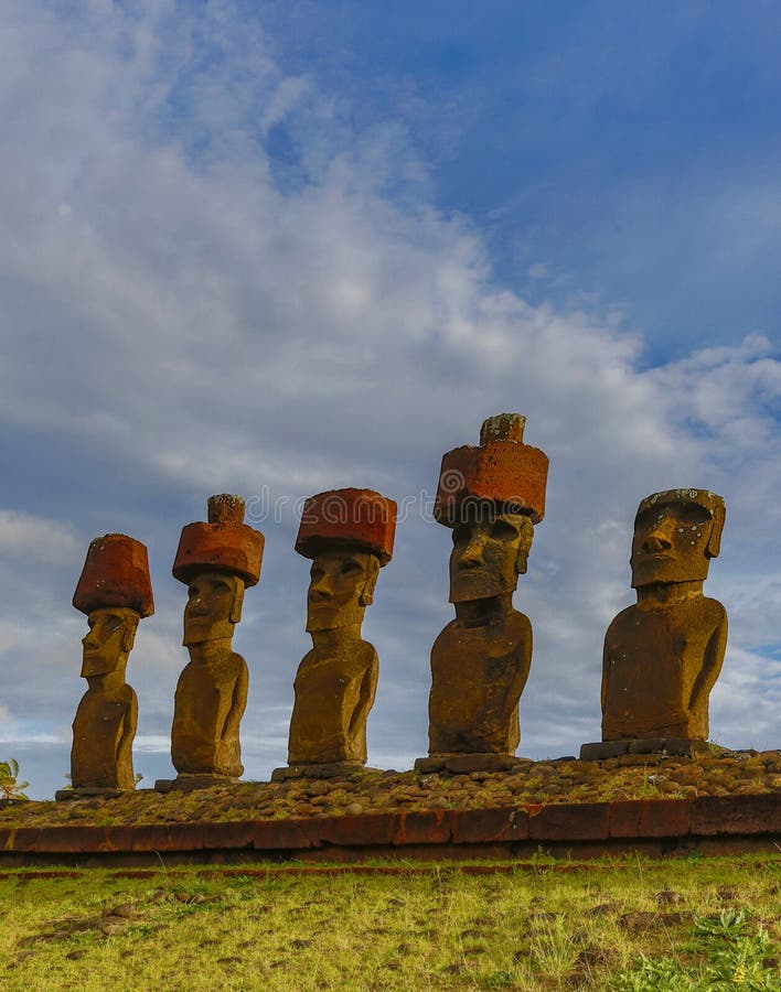 Moai on Easter Island with Red Topknot Hats at Anakena Ahu Stock Image ...