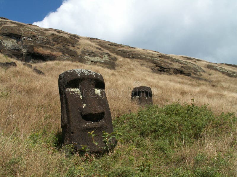 Moai Heads And Laying Moai In Rano Raruku Mountain Stock Photo - Image ...