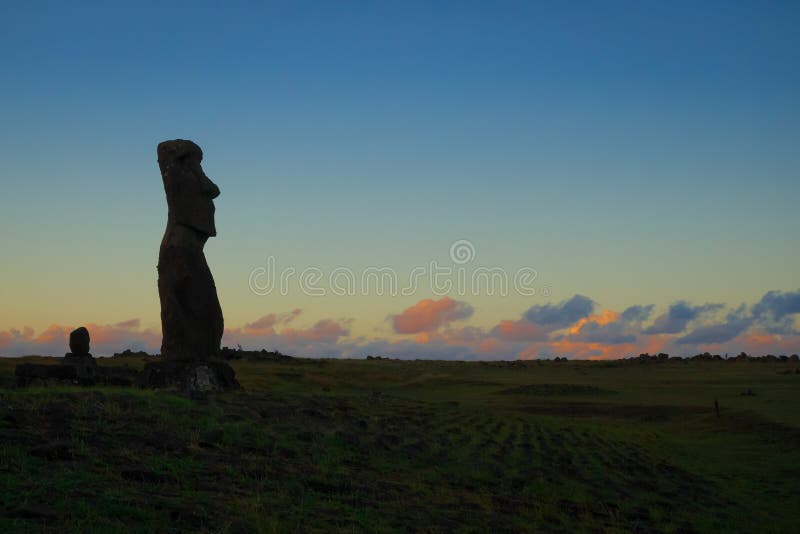 Moai Statue Ahu Akapu at Sunset, Easter Island Stock Image - Image of ...