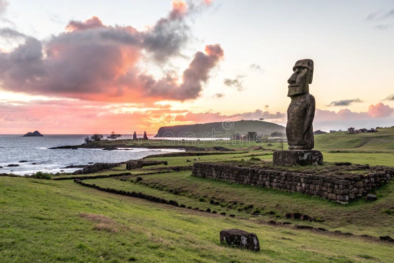 Moai Statue at Sunset, Easter Island Stock Illustration - Illustration ...