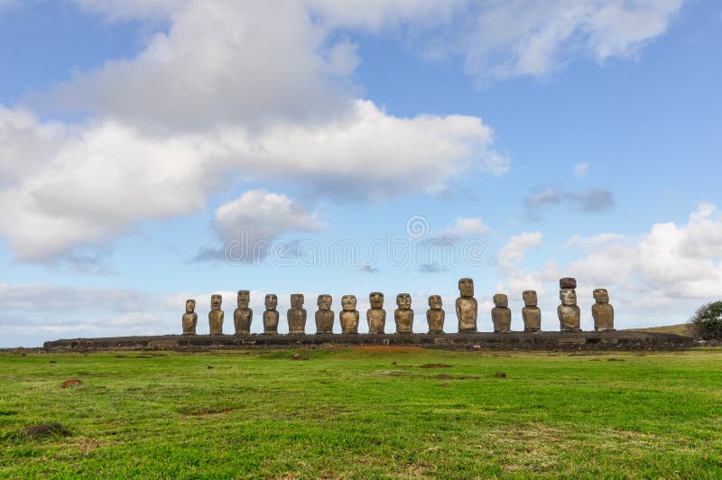 The 15 Moai Statues in Ahu Tongariki, Easter Island, Chile Stock Photo ...