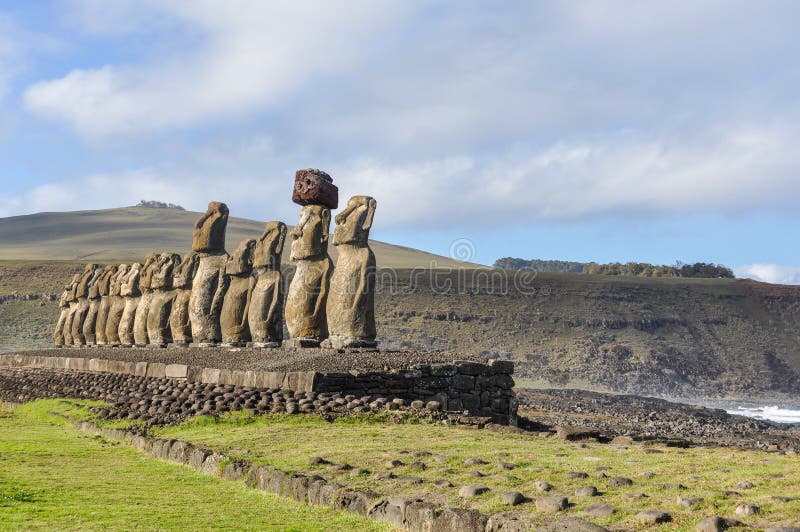 The 15 Moai Statues in Ahu Tongariki, Easter Island, Chile Stock Image ...