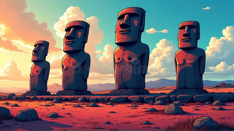 Moai Statues on Easter Island at Sunset. Stock Illustration ...
