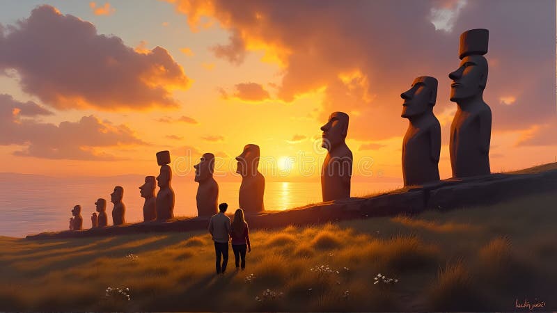 Moai Statues at Sunset with Couple Stock Illustration - Illustration of ...