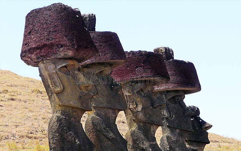 Moais with Pukao, Easter Island, Rapa Nui, Chile Stock Photo - Image of ...
