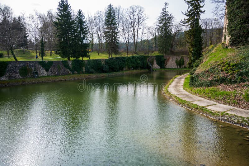 Moat of Bojnice Castle with Stone Walls Stock Image - Image of medieval ...