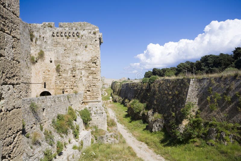 Moat and walls of Rhodes stock image. Image of entrance - 196569875
