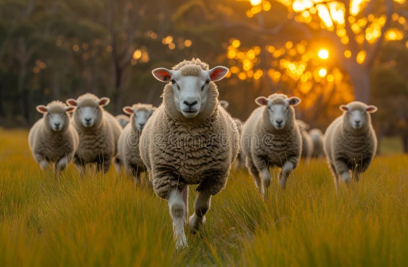 Mob of Sheep Running through Field at Sunset Stock Image - Image of ...