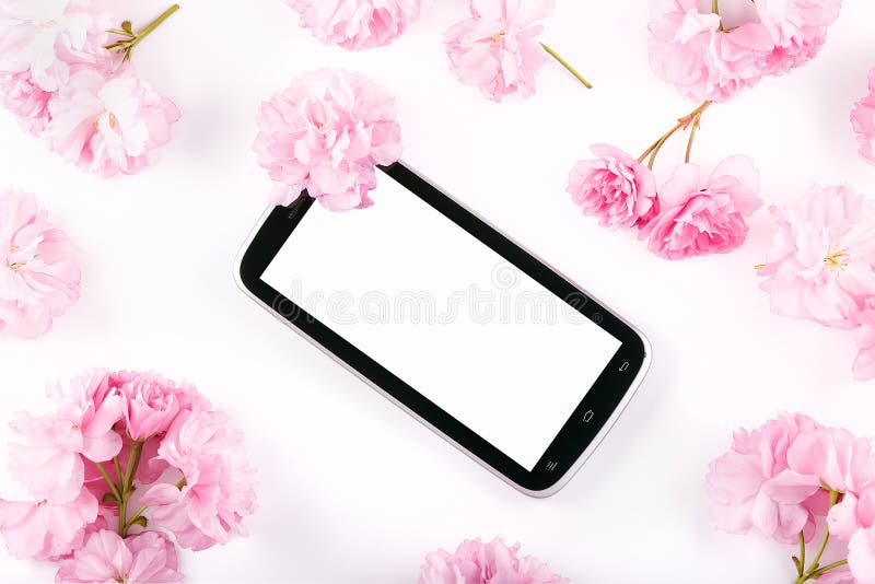 Mobil Smart Phone Surrounded Pink Cherry Flowers Stock Photos - Free ...