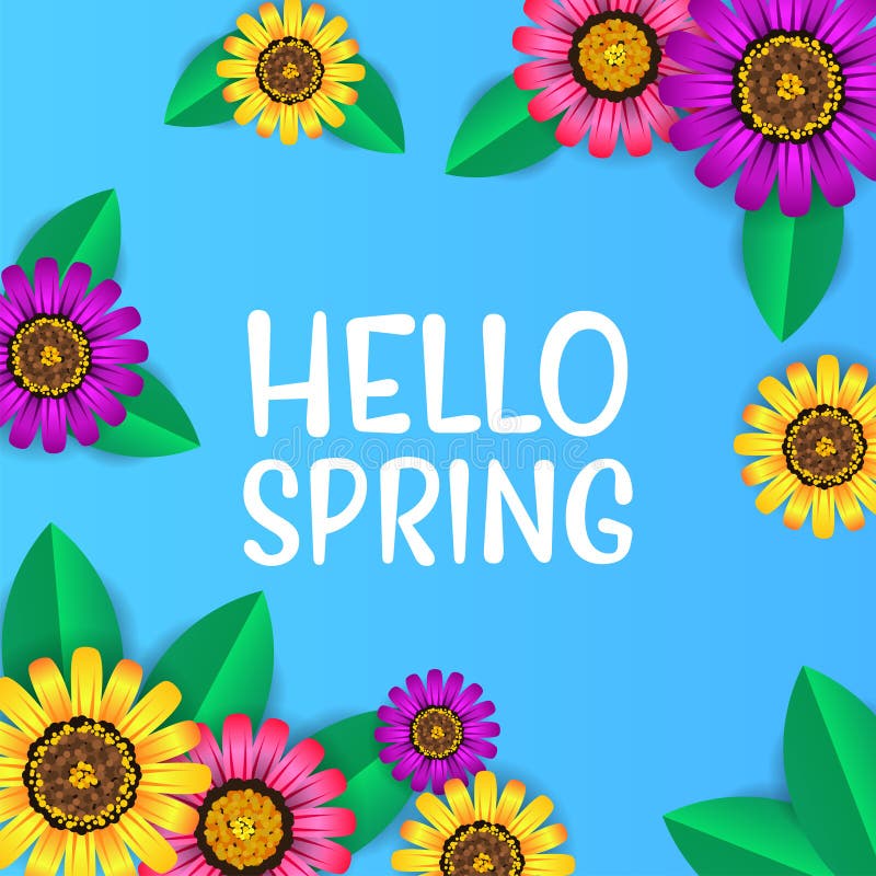 Hello Spring Background with Beauty Purple, Pink, Yellow Flower Blossom ...