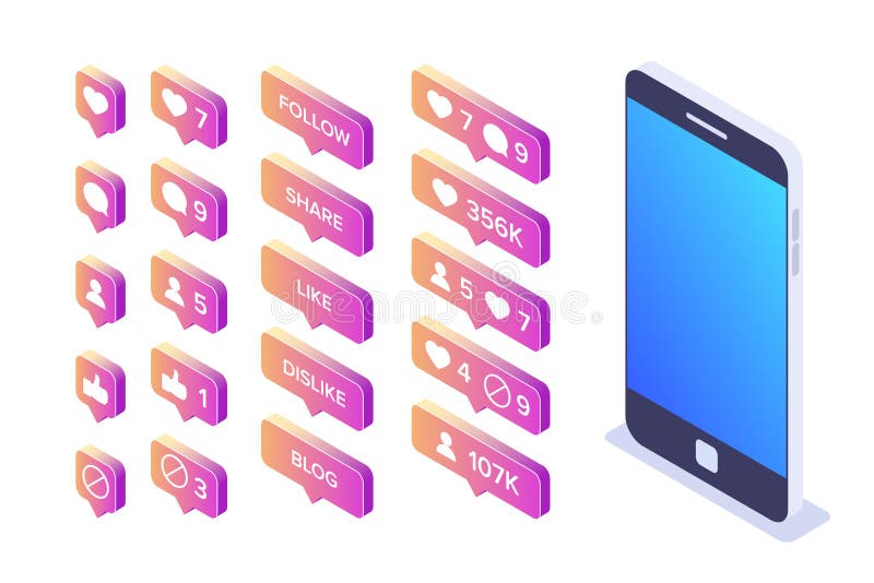 Love Like Comments Isometric Buttons Set. Instagram Inspired Follow ...