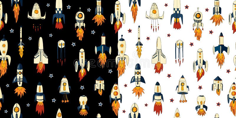 Vector Illustration of a Seamless Pattern of Rockets in Space among the ...