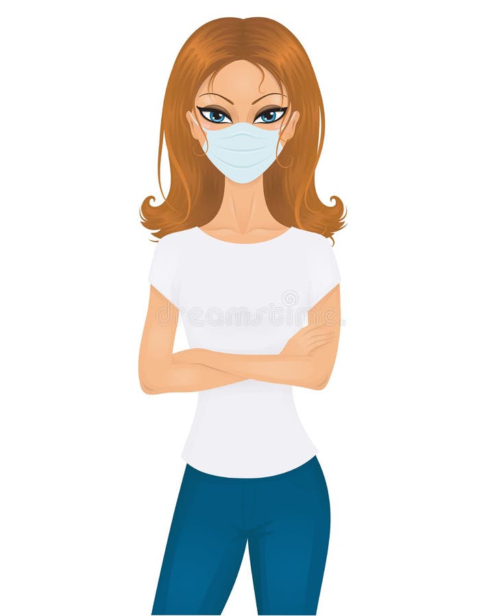 European Woman Standing in a Mask. she is Wearing Jeans and a T-shirt ...