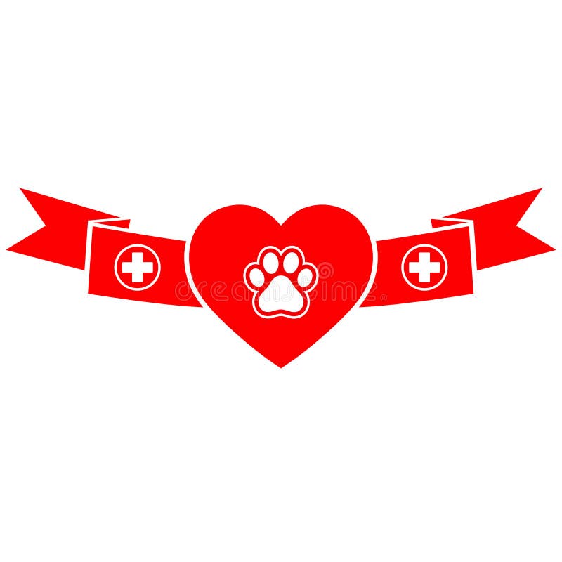 Veterinary Logo Red Banner with Heart and Paw of a Dog on a White ...