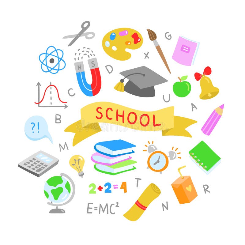 School Icons on White Background. Cute Learning Illustrations for Kids ...