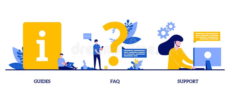 Guides, FAQ, Support Concept with Tiny Character and Icons. Info Center ...