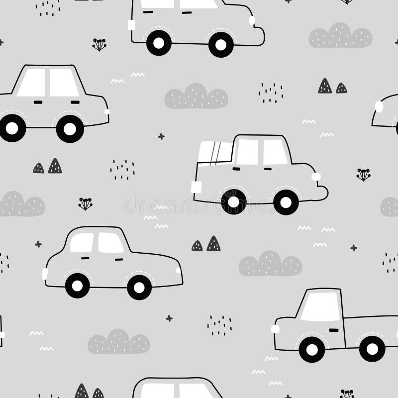 Seamless Repeat Vector Pattern Car and Sky Hand-drawn Design in Cartoon ...