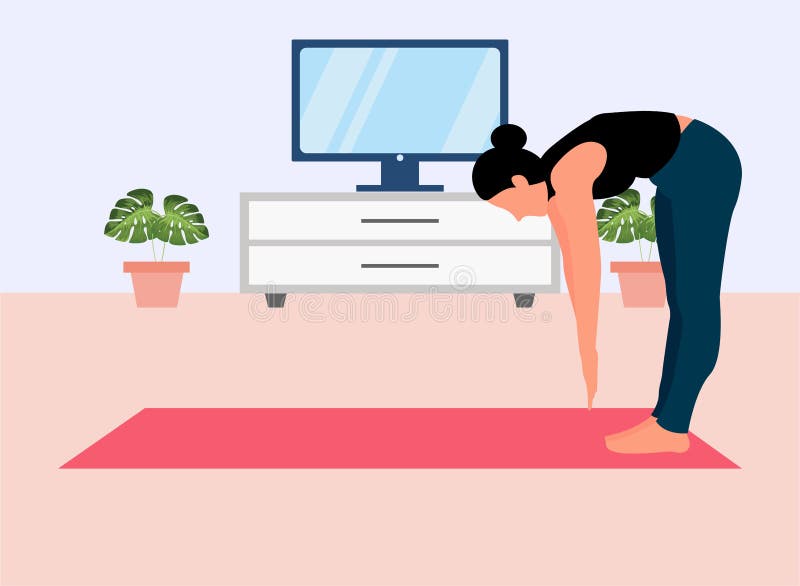 Vector Graphic Illustration, Woman Doing Stretching at Home with Flat ...