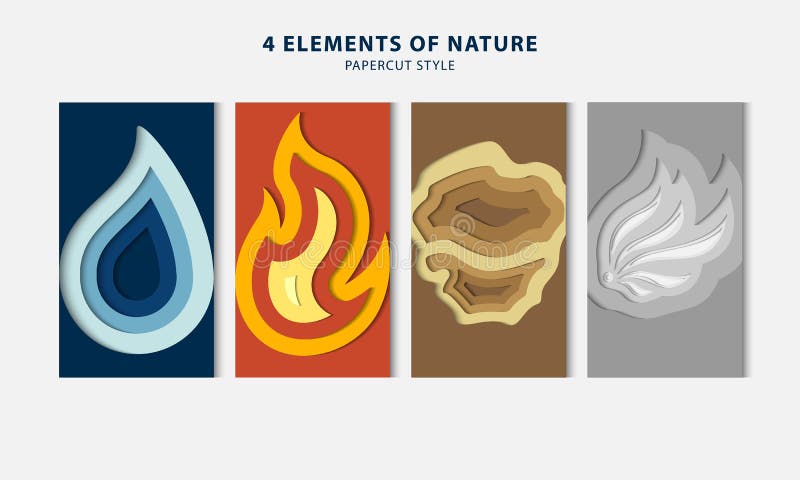 Four Element of Nature Papercut Illustration. Water Blue, Fire Red ...