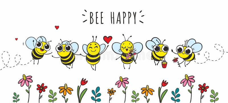 Happy Cartoon Bees Collect Pollen in a Flower Field Stock Vector ...