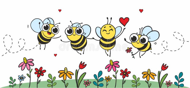 Happy Cartoon Bees Collect Pollen in a Flower Field. Stock Vector ...