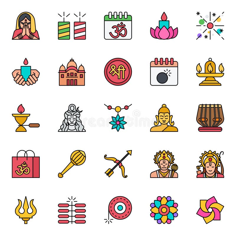 Filled Outline Icons for Happy Diwali. Stock Vector - Illustration of ...