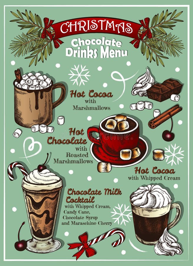 Sketch Drawing Poster of Christmas Chocolate Drinks Menu. Colorful Hot ...