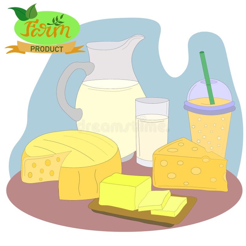 Dairy Products - Jug and Glass of Milk, Circle of Cheese, Slices, Piece ...