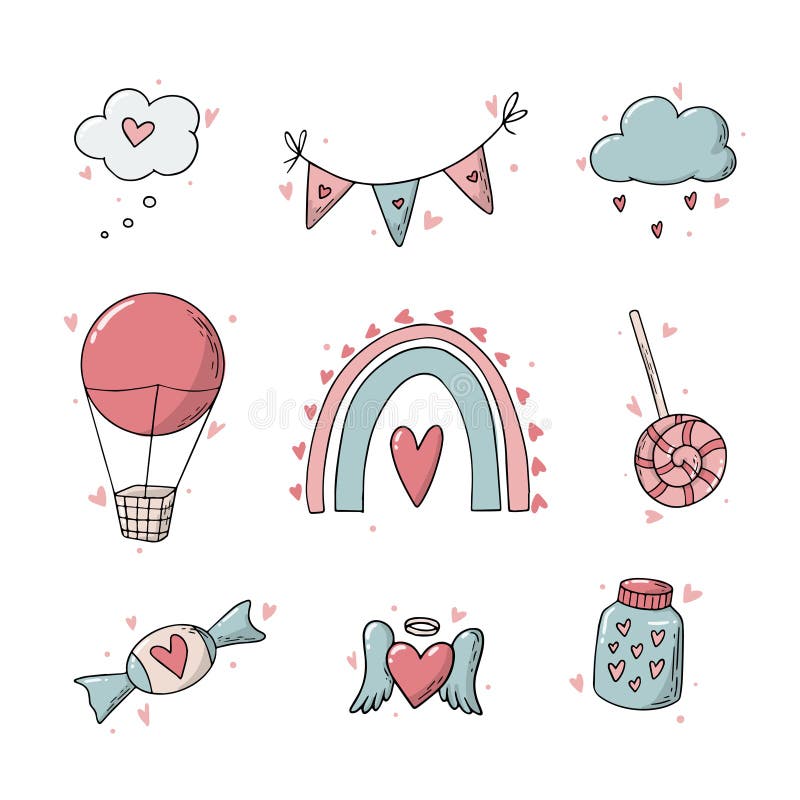 Set of Valentine`s Day Doodles Clipart Stock Vector - Illustration of ...