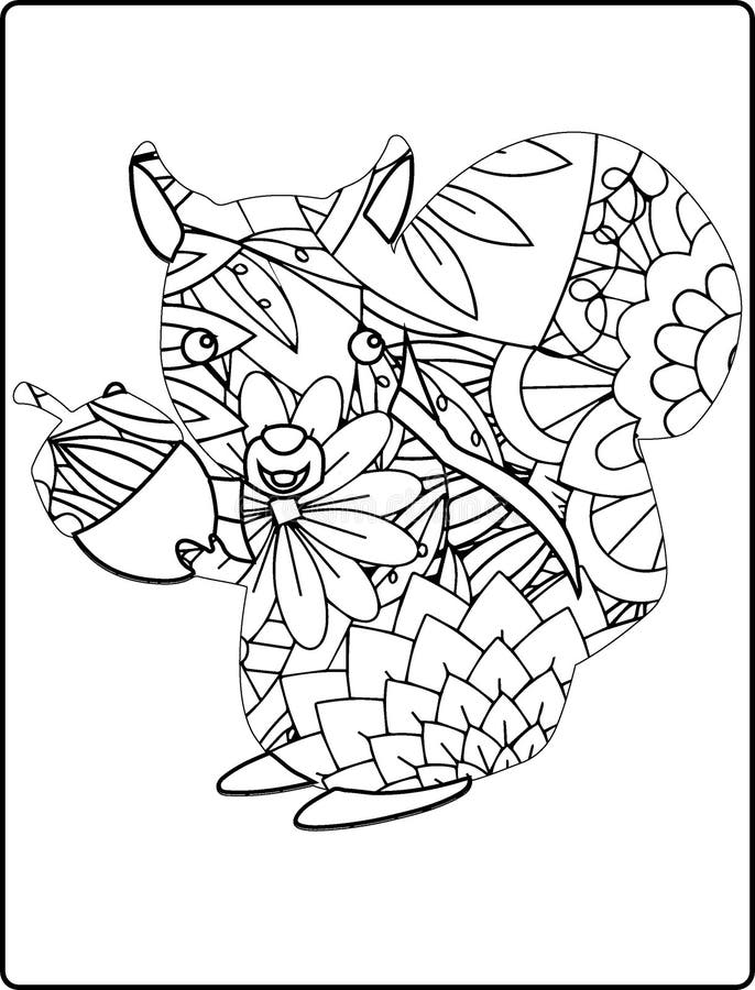 Adult Coloring Bookpage a Cute Cartoon Squirrel Mandala Stock Vector ...