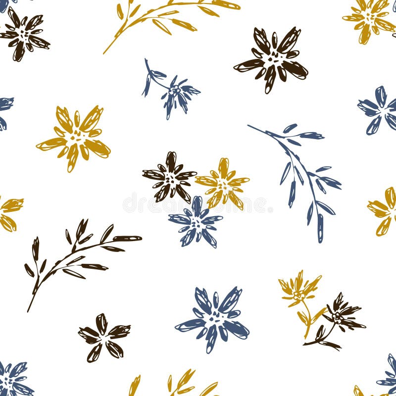 Simple Delicate Floral Vector Seamless Pattern. Small Blue, Brown ...
