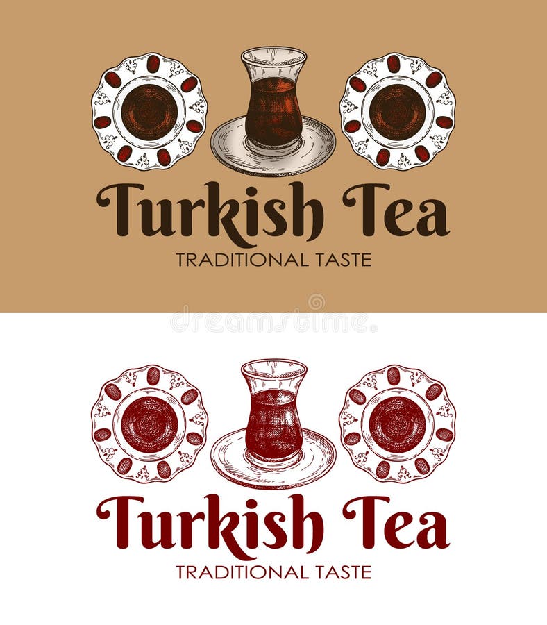 Sketch Hand Drawn Logo of Turkish Tea. Outline Drawing Cup of Black Tea ...